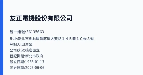友正電機股份有限公司的照片-統編 36135663(新北市) 公司登記資料與營業項目詳細圖表