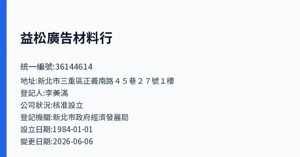 益松廣告材料行的照片-統編 36144614(新北市) 公司登記資料與營業項目詳細圖表