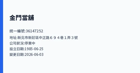 金門當舖的照片-統編 36147252(新北市) 公司登記資料與營業項目詳細圖表