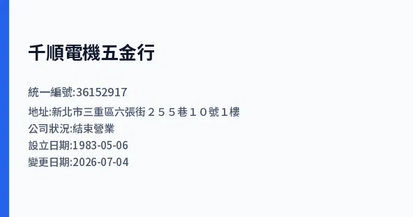 千順電機五金行的照片-統編 36152917(新北市) 公司登記資料與營業項目詳細圖表