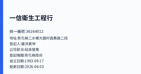 一信衛生工程行的照片-統編 36164012(彰化縣) 公司登記資料與營業項目詳細圖表