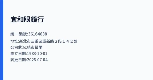 宜和眼鏡行的照片-統編 36164688(新北市) 公司登記資料與營業項目詳細圖表