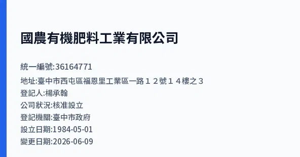 國農有機肥料工業有限公司的照片-統編 36164771(臺中市) 公司登記資料與營業項目詳細圖表