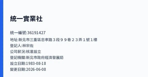 統一實業社的照片-統編 36191427(新北市) 公司登記資料與營業項目詳細圖表