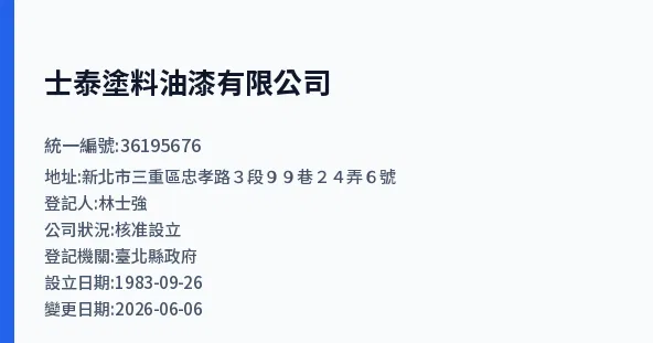 士泰塗料油漆有限公司的照片-統編 36195676(新北市) 公司登記資料與營業項目詳細圖表