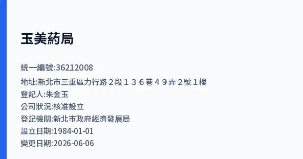 玉美葯局的照片-統編 36212008(新北市) 公司登記資料與營業項目詳細圖表