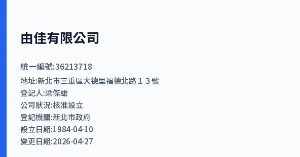 由佳有限公司的照片-統編 36213718(新北市) 公司登記資料與營業項目詳細圖表