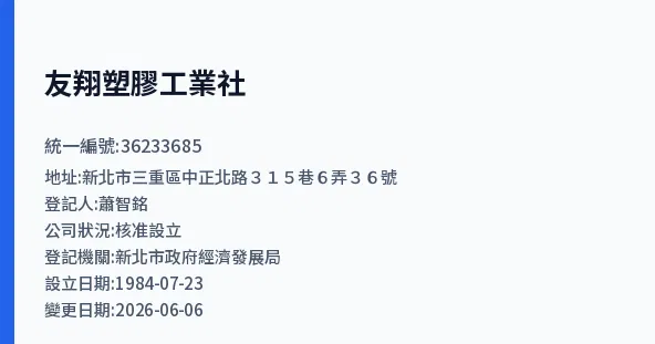 友翔塑膠工業社的照片-統編 36233685(新北市) 公司登記資料與營業項目詳細圖表