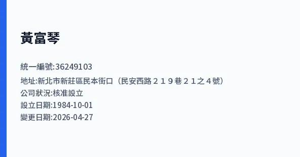 黃富琴的照片-統編 36249103(新北市) 公司登記資料與營業項目詳細圖表