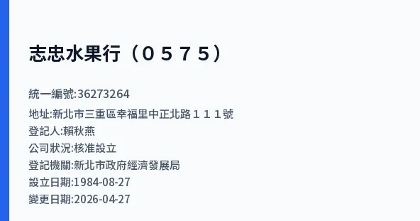 志忠水果行(0575)的照片-統編 36273264(新北市) 公司登記資料與營業項目詳細圖表