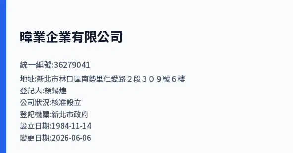 暐業企業有限公司的照片-統編 36279041(新北市) 公司登記資料與營業項目詳細圖表