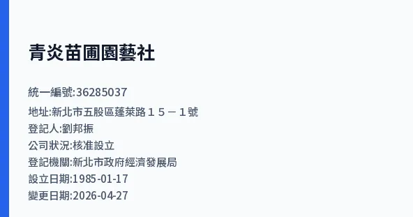 青炎苗圃園藝社的照片-統編 36285037(新北市) 公司登記資料與營業項目詳細圖表