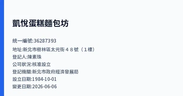 凱悅蛋糕麵包坊的照片-統編 36287393(新北市) 公司登記資料與營業項目詳細圖表