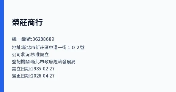 榮莊商行的照片-統編 36288689(新北市) 公司登記資料與營業項目詳細圖表