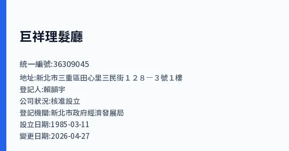 巨祥理髮廳的照片-統編 36309045(新北市) 公司登記資料與營業項目詳細圖表