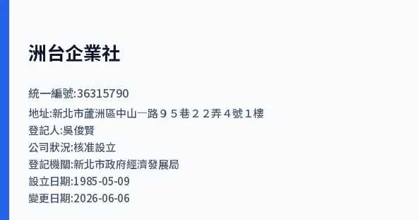 洲台企業社的照片-統編 36315790(新北市) 公司登記資料與營業項目詳細圖表