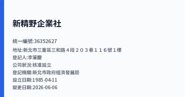 新精野企業社的照片-統編 36352627(新北市) 公司登記資料與營業項目詳細圖表
