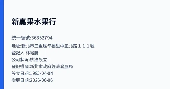 新嘉果水果行的照片-統編 36352794(新北市) 公司登記資料與營業項目詳細圖表