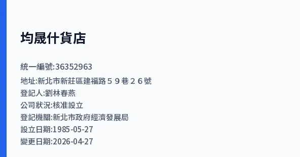 均晟什貨店的照片-統編 36352963(新北市) 公司登記資料與營業項目詳細圖表