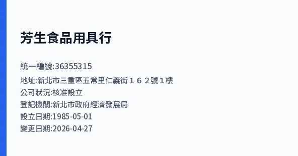 芳生食品用具行的照片-統編 36355315(新北市) 公司登記資料與營業項目詳細圖表