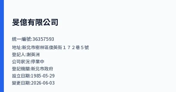 旻億有限公司的照片-統編 36357593(新北市) 公司登記資料與營業項目詳細圖表