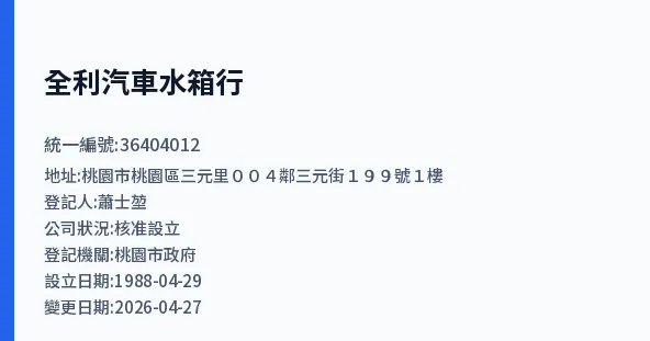全利汽車水箱行的照片-統編 36404012(桃園市) 公司登記資料與營業項目詳細圖表