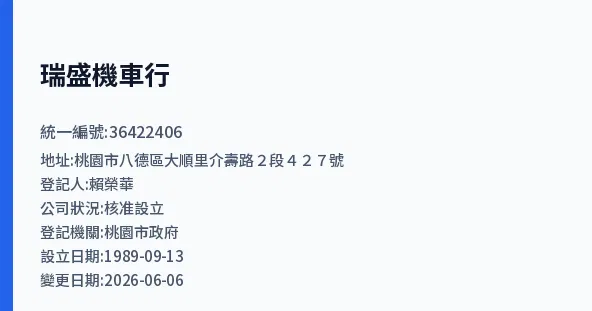 瑞盛機車行的照片-統編 36422406(桃園市) 公司登記資料與營業項目詳細圖表