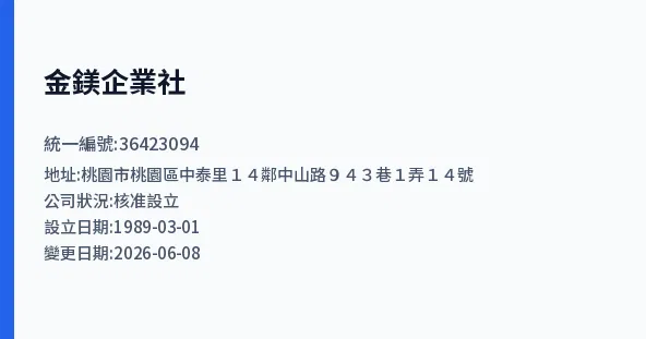 金鎂企業社的照片-統編 36423094(桃園市) 公司登記資料與營業項目詳細圖表