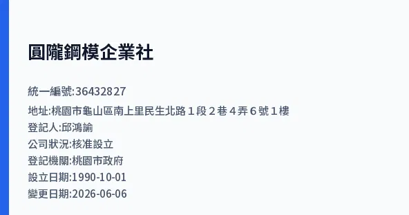 圓隴鋼模企業社的照片-統編 36432827(桃園市) 公司登記資料與營業項目詳細圖表