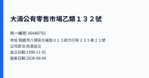 大湳公有零售市場乙類132號的照片-統編 36440782(桃園市) 公司登記資料與營業項目詳細圖表