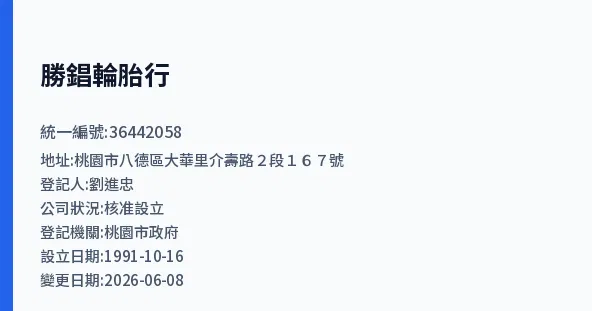 勝錩輪胎行的照片-統編 36442058(桃園市) 公司登記資料與營業項目詳細圖表
