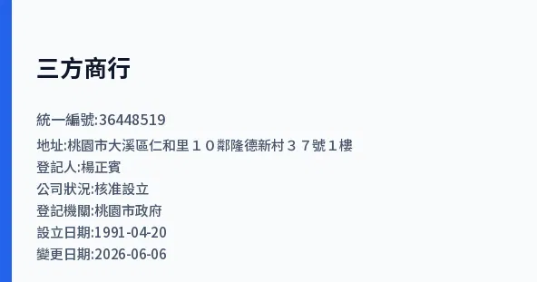 三方商行的照片-統編 36448519(桃園市) 公司登記資料與營業項目詳細圖表