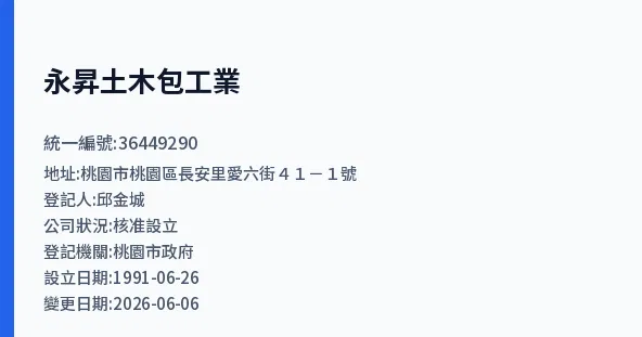 永昇土木包工業的照片-統編 36449290(桃園市) 公司登記資料與營業項目詳細圖表