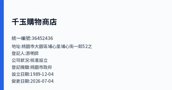 千玉購物商店的照片-統編 36452436(桃園市) 公司登記資料與營業項目詳細圖表