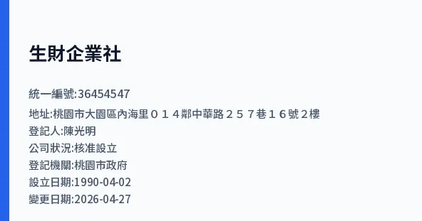 生財企業社的照片-統編 36454547(桃園市) 公司登記資料與營業項目詳細圖表