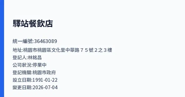 驛站餐飲店的照片-統編 36463089(桃園市) 公司登記資料與營業項目詳細圖表