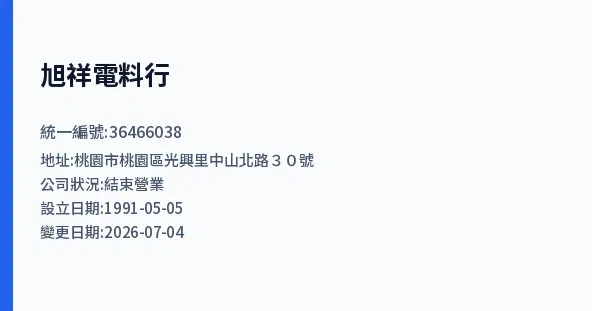 旭祥電料行的照片-統編 36466038(桃園市) 公司登記資料與營業項目詳細圖表