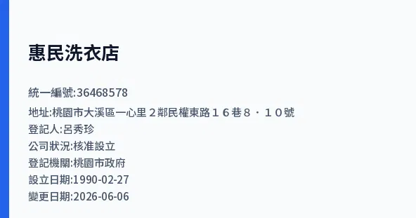 惠民洗衣店的照片-統編 36468578(桃園市) 公司登記資料與營業項目詳細圖表