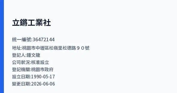 立鏘工業社的照片-統編 36472144(桃園市) 公司登記資料與營業項目詳細圖表