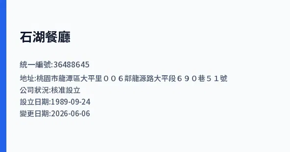石湖餐廳的照片-統編 36488645(桃園市) 公司登記資料與營業項目詳細圖表