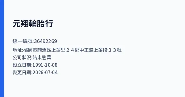 元翔輪胎行的照片-統編 36492269(桃園市) 公司登記資料與營業項目詳細圖表