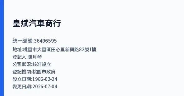 皇斌汽車商行的照片-統編 36496595(桃園市) 公司登記資料與營業項目詳細圖表