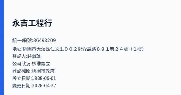 永吉工程行的照片-統編 36498209(桃園市) 公司登記資料與營業項目詳細圖表