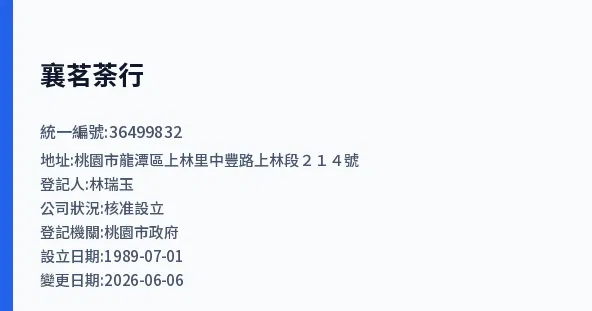 襄茗荼行的照片-統編 36499832(桃園市) 公司登記資料與營業項目詳細圖表