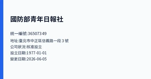 國防部青年日報社的照片-統編 36507349(臺北市) 公司登記資料與營業項目詳細圖表