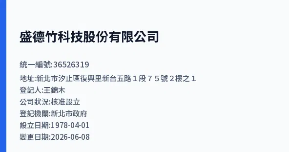盛德竹科技股份有限公司的照片-統編 36526319(新北市) 公司登記資料與營業項目詳細圖表