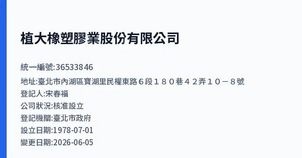 植大橡塑膠業股份有限公司的照片-統編 36533846(臺北市) 公司登記資料與營業項目詳細圖表
