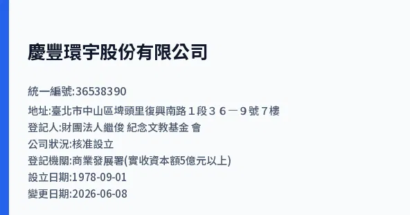 慶豐環宇股份有限公司的照片-統編 36538390(臺北市) 公司登記資料與營業項目詳細圖表
