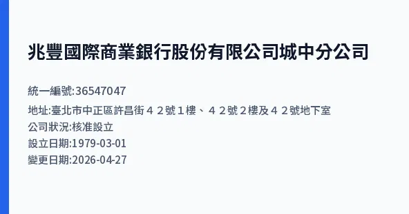 兆豐國際商業銀行股份有限公司城中分公司的照片-統編 36547047(臺北市) 公司登記資料與營業項目詳細圖表