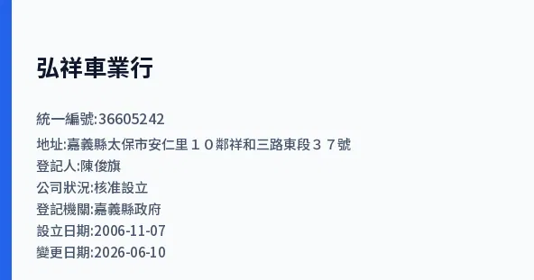 弘祥車業行的照片-統編 36605242(嘉義縣) 公司登記資料與營業項目詳細圖表